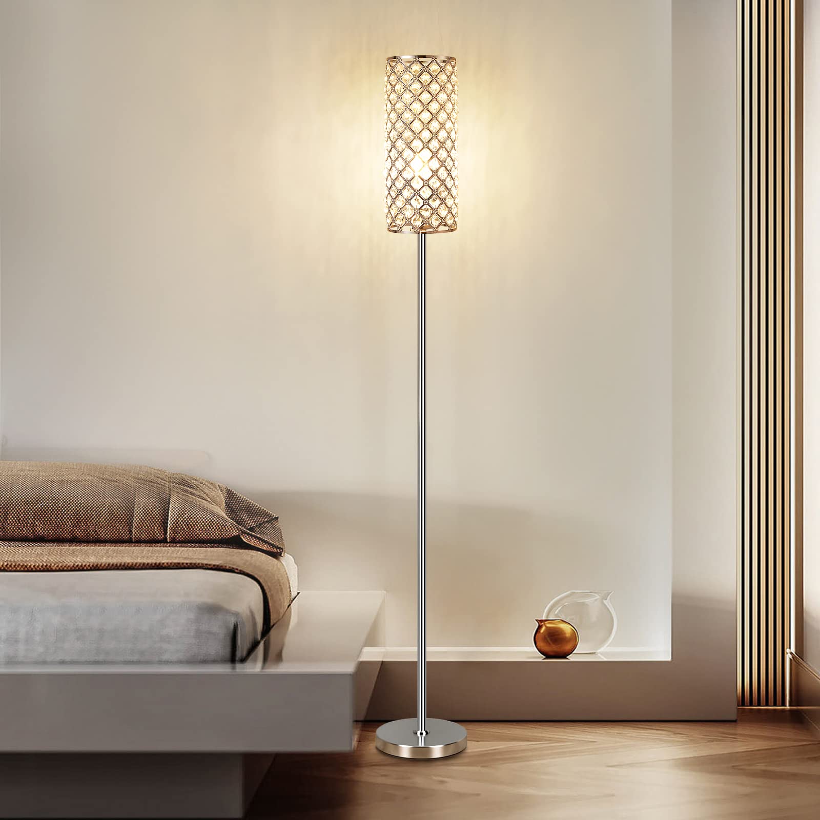 Crystal Floor Lamp with Bulb for Girls Bedroom Silver, Living Room, Modern Tall Glam Minimalism Pole Corner Standing Light for office, Dorm Hotel