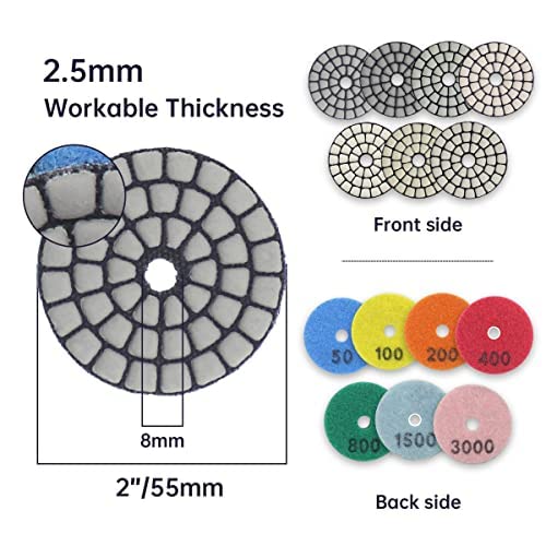 FINGLEE DT 2 Inch Diamond Polishing Pads with 7Pcs Dry Wet Granite Stone Polish Pad Kit for Drill,50-3000 Grit Polishing Pad (7Pcs Dry Pads+1 Drill Adapter)