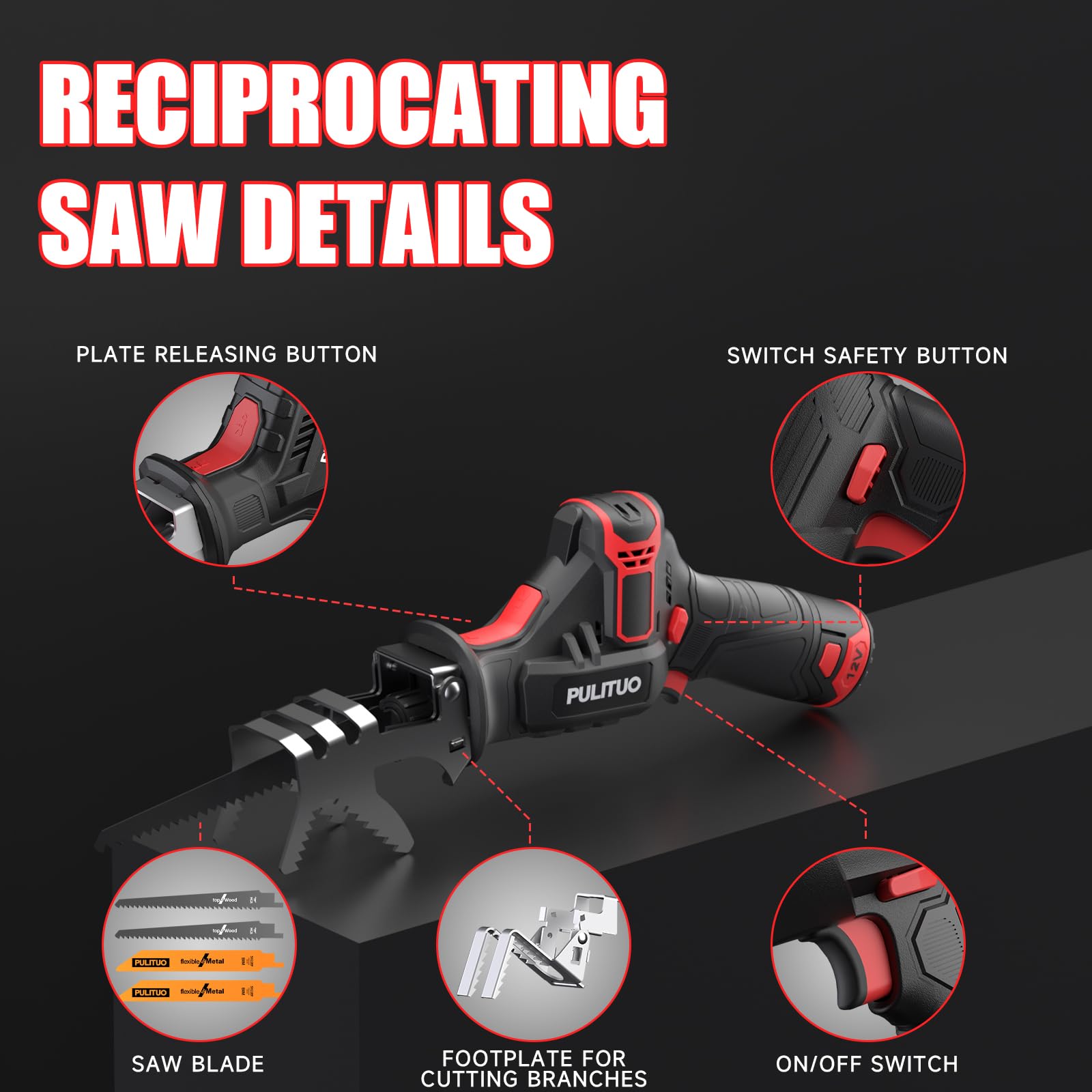 PULITUO Reciprocating Saw Cordless, Power Reciprocating Saws Compact Design,Including 2pcs 2000mAh Li-Ion battery, 1-Hour Fast Charger, Clamp Jaw, 4pcs of Saw Blades for Wood/Metal/PVC