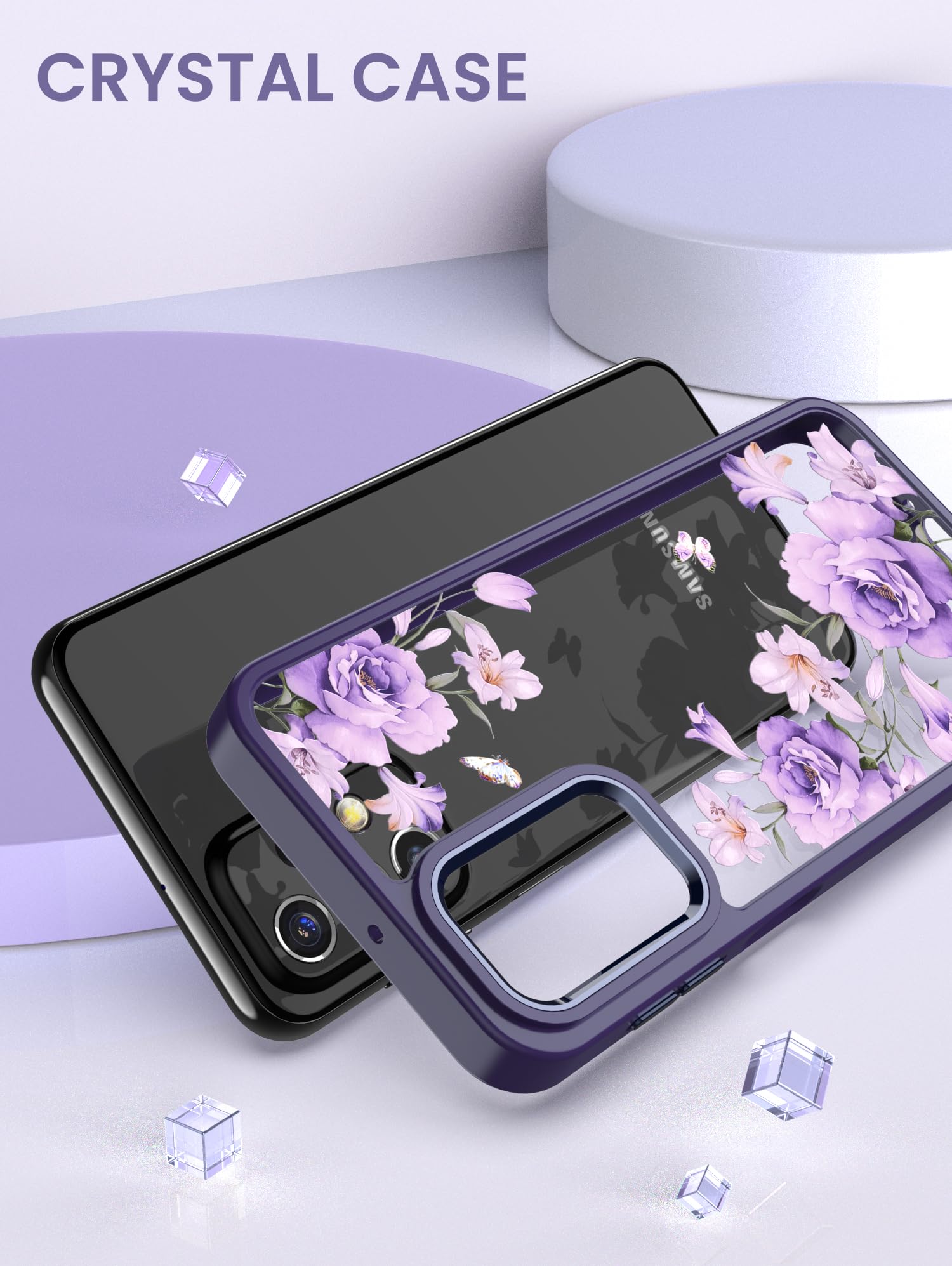 Dretal for Samsung A23 4G/ 5G Case, Galaxy A23 Case Tempered Glass Screen Protector,Military Grade Drop Tested Hard Back & Soft Edge Slim Flower Women Girls Phone Protective Cover(Deep Purple)