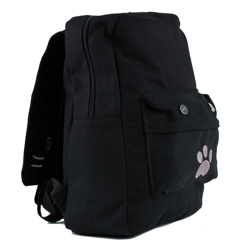 DemonChest Black College Cute Cat Embroidery Canvas School Backpack Bags for Kids Kitty(White)