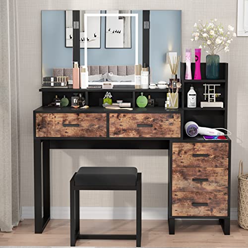 PAKASEPT Vanity Set with Lighted Tri-fold Mirror, Vanity Desk with Charging Station, 3-Color Adjustable Touch Light, 5 Drawers, Storage Shelves&Cushioned Stool Makeup Vanity for Bedroom, Black