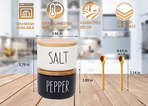 VICUKIE Farmhouse Salt And Pepper Bowls,Stacked Ceramic Salt Cellar With Bamboo Lid, Salt Container With Lid And Spoon, Modern Farmhouse Kitchen Decor, Salt Box, Spice Box(BLACK AND WHITE)