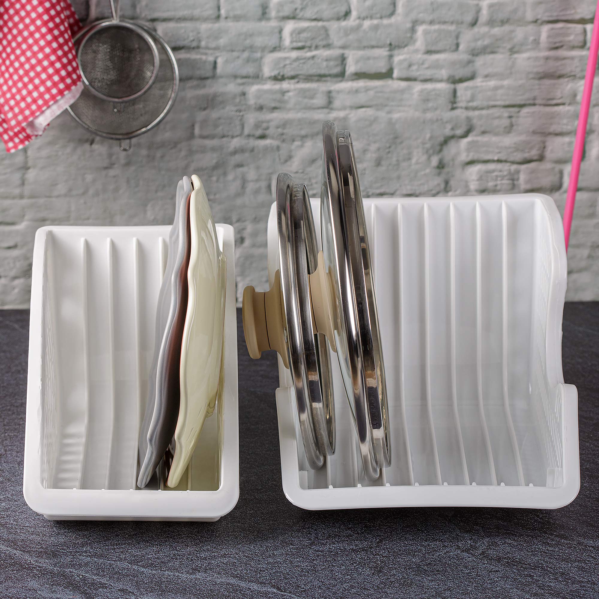 Crystalia Plastic Kitchen Cabinet Organizer for Dishes, Vertical Plate Storage Set for Countertop, Lid Plate Pan Holder Rack, Kitchenware Divider for Under Cabinet, Compact Clutter Organizer, White