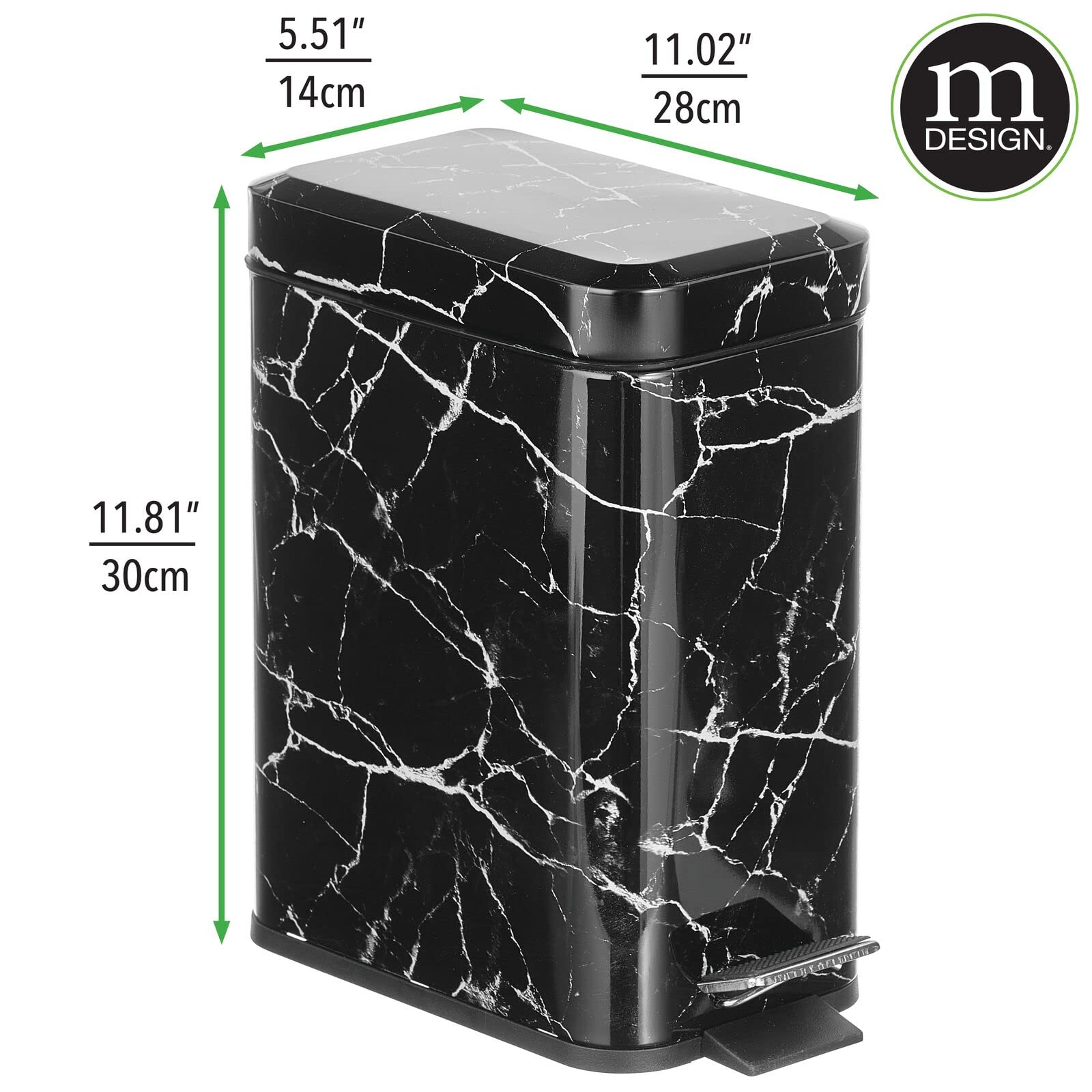 mDesign Small Modern 1.3 Gallon Rectangle Metal Lidded Step Trash Can, Compact Garbage Bin with Removable Liner Bucket and Handle for Bathroom, Kitchen, Craft Room, Office, Garage - Black Marble