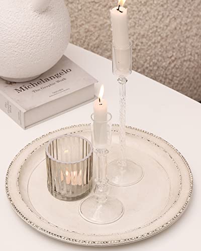 RM ROOMERS White Round Wooden Tray, Decorative Round Tray with Tiny Bead Stringing, Coffee Table Tray Circle, White Round Serving Tray for Living Room, Farmhouse
