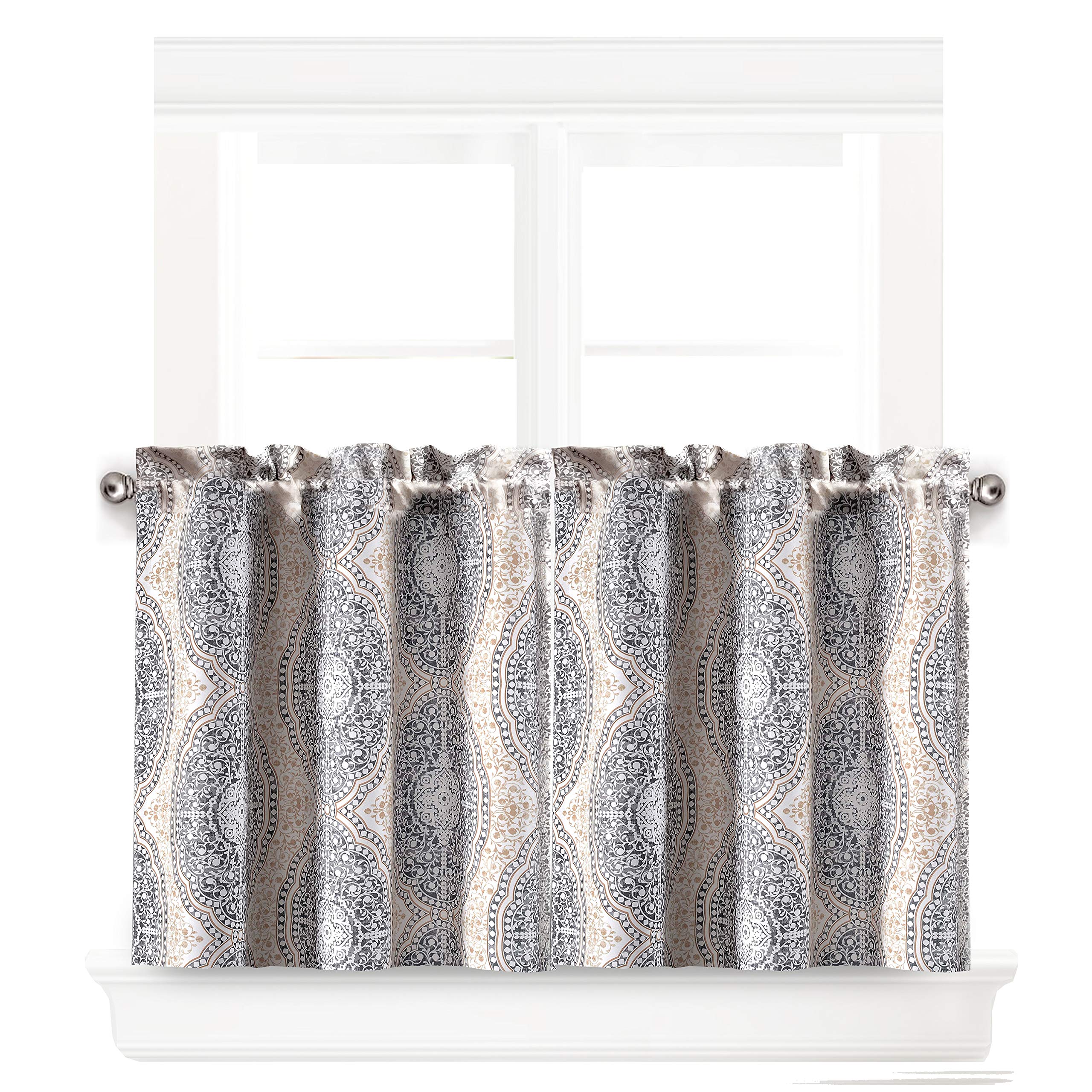 DriftAway Adrianne Thermal and Room Darkening Kitchen Tier Window Treatment Set of 2 Each 30 Inch by 24 Inch Plus 2 Inch Header Beige and Gray