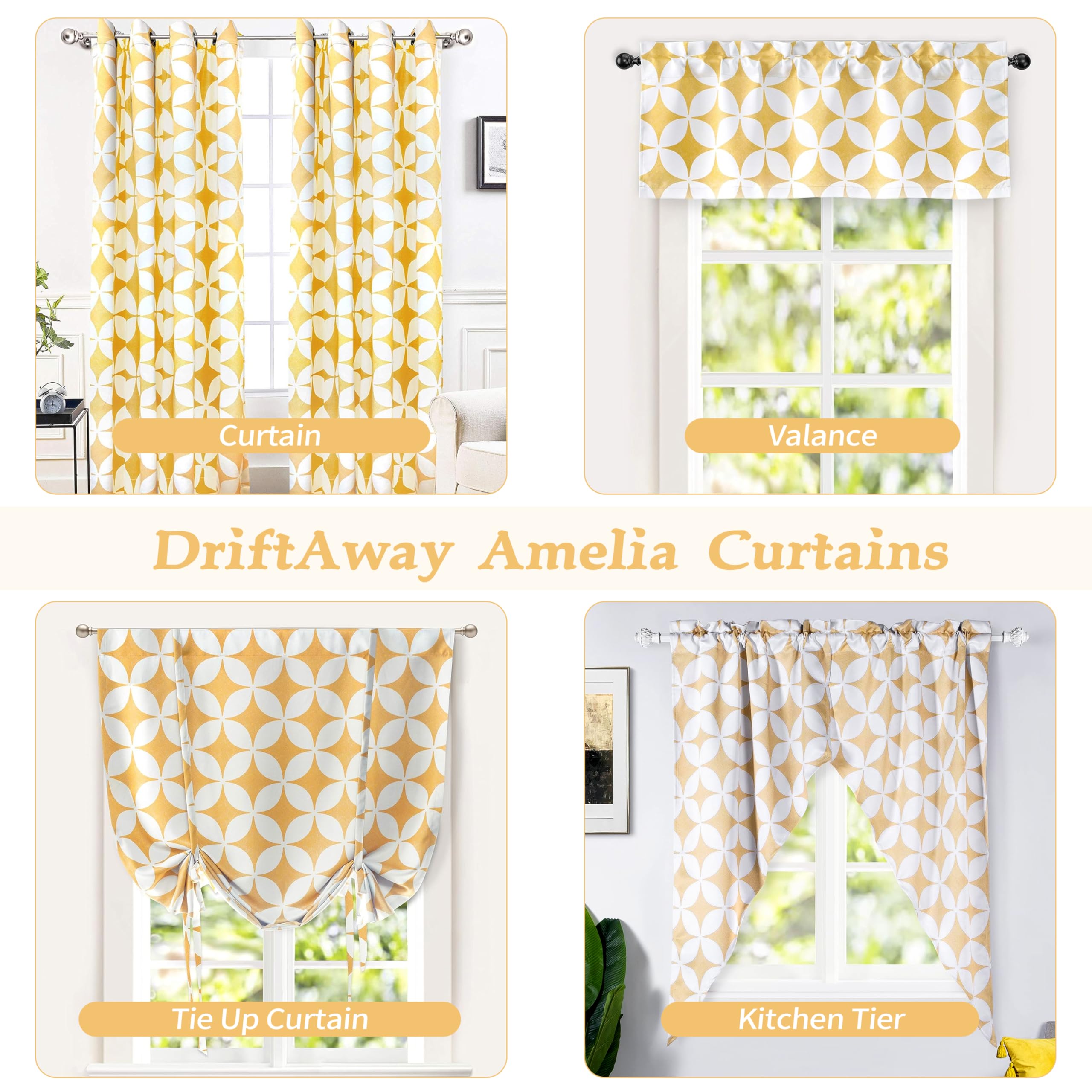 DriftAway Amelia Retro Geo Pattern Round Circle Star Print Blackout Valance Rod Pocket Curtain Single 52 Inch by 18 Inch Plus 2 Inch Header Yellow