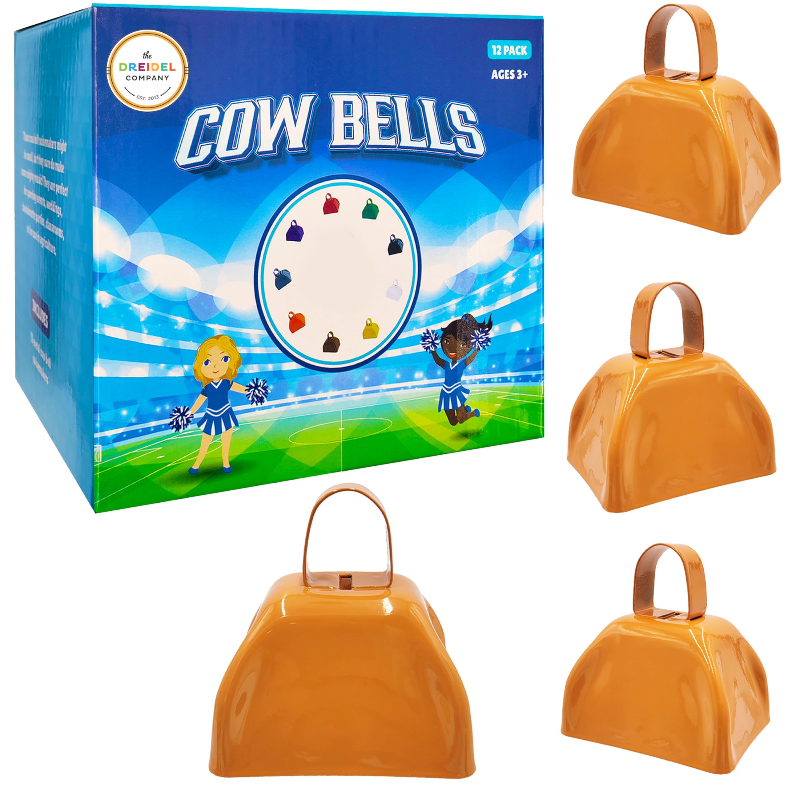The Dreidel Company Metal Cowbell Noisemaker Cheering Bell, New Years, School Classroom, Wedding Bells & Chimes Percussion Musical Instruments Call Bell Alarm, 3" (Pack of 12) (Orange)
