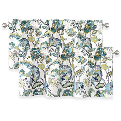 DriftAway Layla Classic America Style Floral Leaves Room Darkening Window Curtain Valance Rod Pocket 52 Inch by 18 Inch Plus 2 Inch Header Ivory Teal Gray 2 Pack