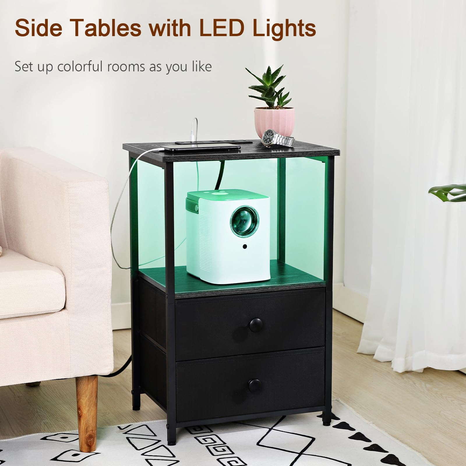 LOAKEKEL Night Stand Set 2, LED Nightstand with Charging Station, End Tables with Storage Shelf for Small Spaces, Bedside Table Side Tables with 2 Fabric Drawers for Bedroom Bedroom HETS02BR