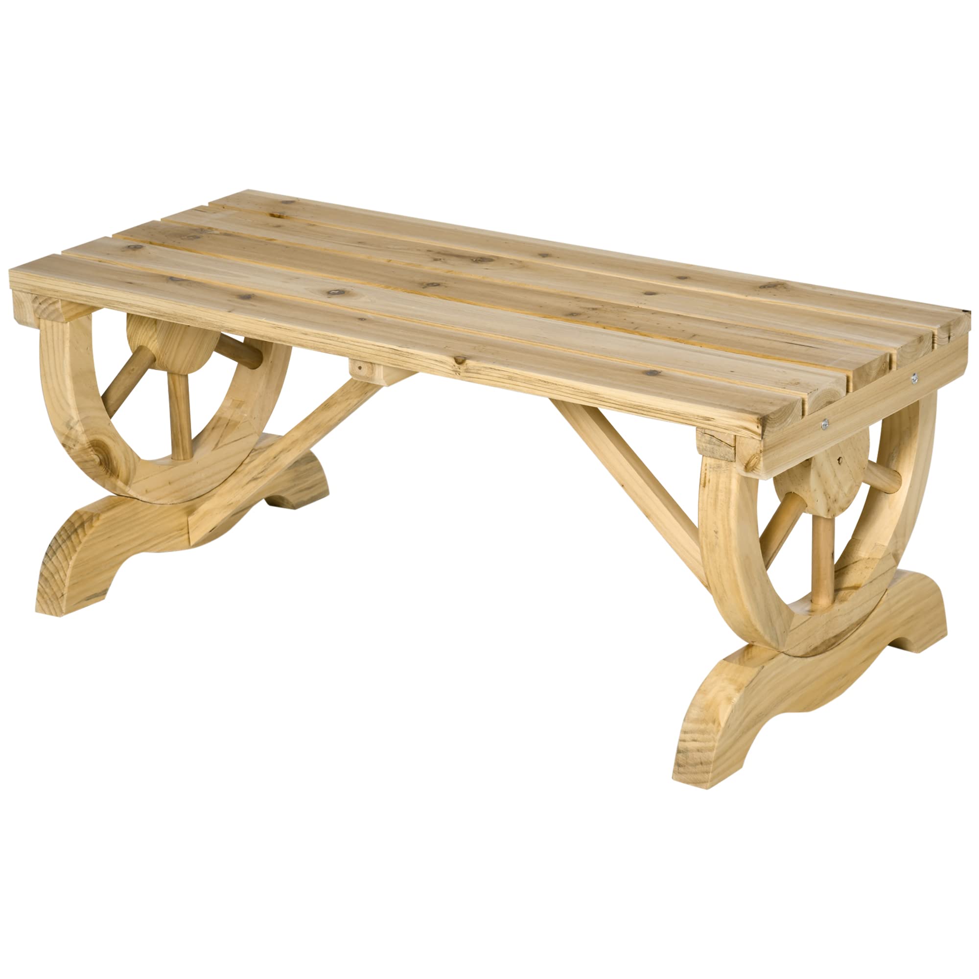 Outsunny 2-Person Wooden Garden Bench, Outdoor Wagon Wheel Porch Bench for Backyard Garden, Support 550 LBS, Rustic Country Style Patio Furniture, Brown