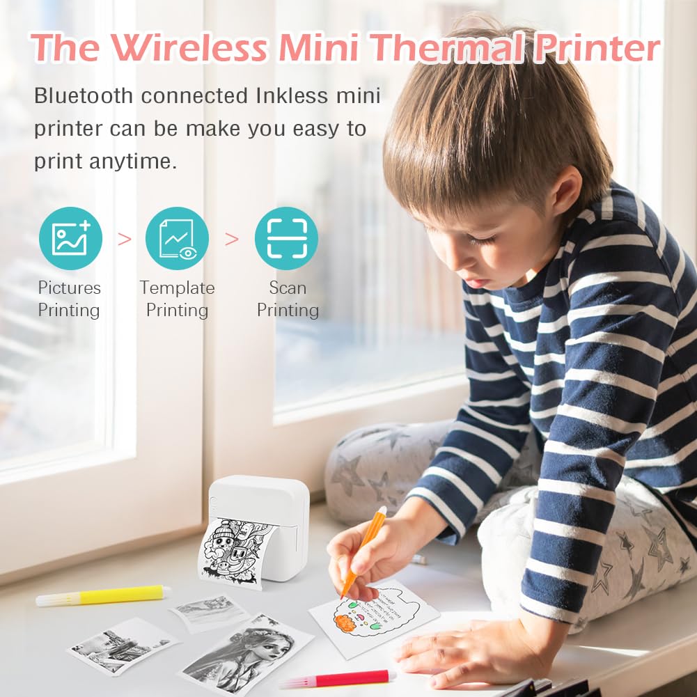 Mini Sticker Printer for iPhone, Portable Mini Pocket Printer, Smart Inkless Thermal Printer with 13 Roll Papers, Bluetooth Mini Printer for Notes, Photos, Stickers, Picture, Labels, Receipts (Pink)