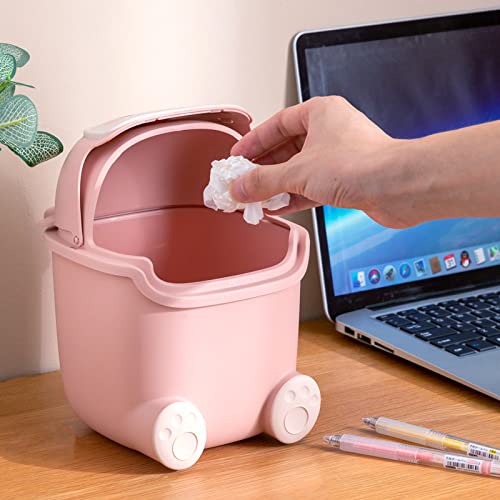 Mini Trash Can, Cute Cartoon Mini Wastebasket Trash Can with Swing Lid Reusable Plastic Small Wastebasket Tiny Desktop Waste Garbage Bin(Pink)