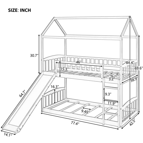 House Bunk Beds with Slide, Twin Over Twin Bunk Bed with Roof, Solid Wood Playhouse Bunk Bed for Kids Girls Boys Teens