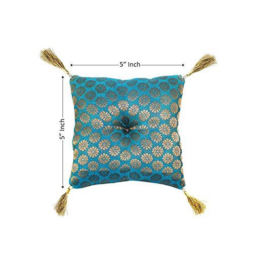 Cushion For Tibetan Singing Bowl Handmade Square Cushions Brocade Art Silk Home Decor Jewelry Display Pillow (5" x 5" Inch, Turquoise Blue)