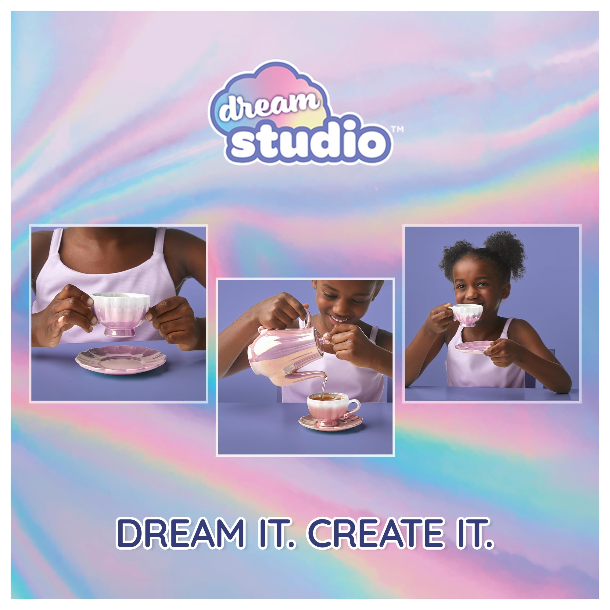 Dream Studio Ceramic Tea Party Set [2023 Amazon Exclusive] 9-Piece Pretend Set, Teapot 4 Cups & 4 Saucers, Hand-Painted Glaze, Safe BPA-Free & Non-Toxic, Imagination Play Activity Toy for Girls & Boys