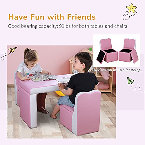 Qaba Kids Sofa Set 2-in-1 Multi-Functional Toddler Table Chair Set 2 Seat Couch Storage Box Soft Sturdy Pink