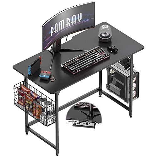 Pamray 40'' Rounded Corner Home Office Desk with Thickened Bottom Crossbar and Cable Trough & Cable Management Simple Computer Desk for Work and Gaming, Black