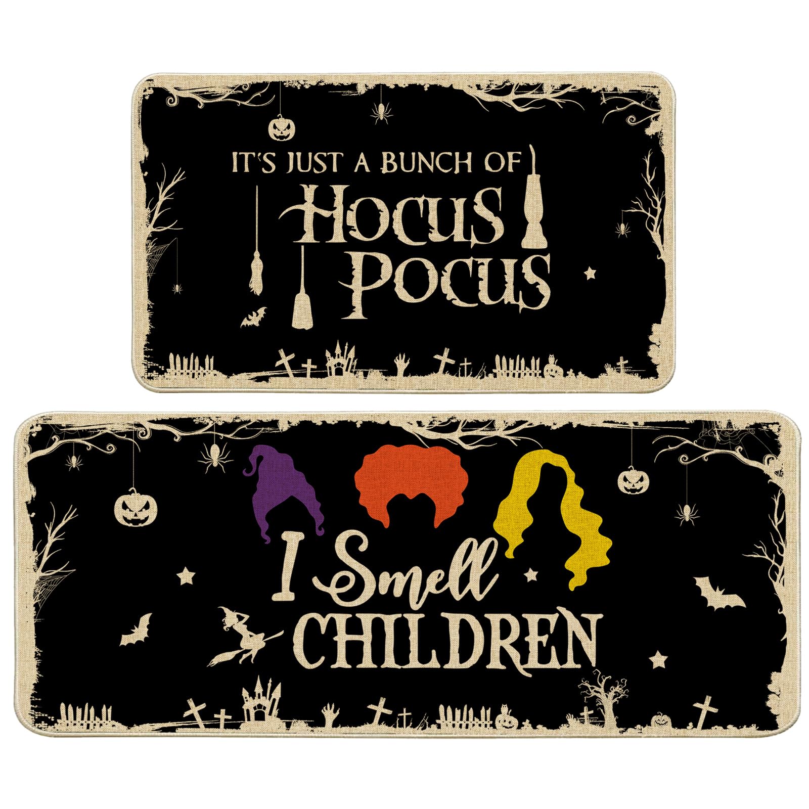 Cusugbaso Halloween Kitchen Mats, Kitchen Rugs Set of 2 - Witches Halloween Kitchen Decor for Floor - Halloween Decorations for Home 17"x27+17"x47"