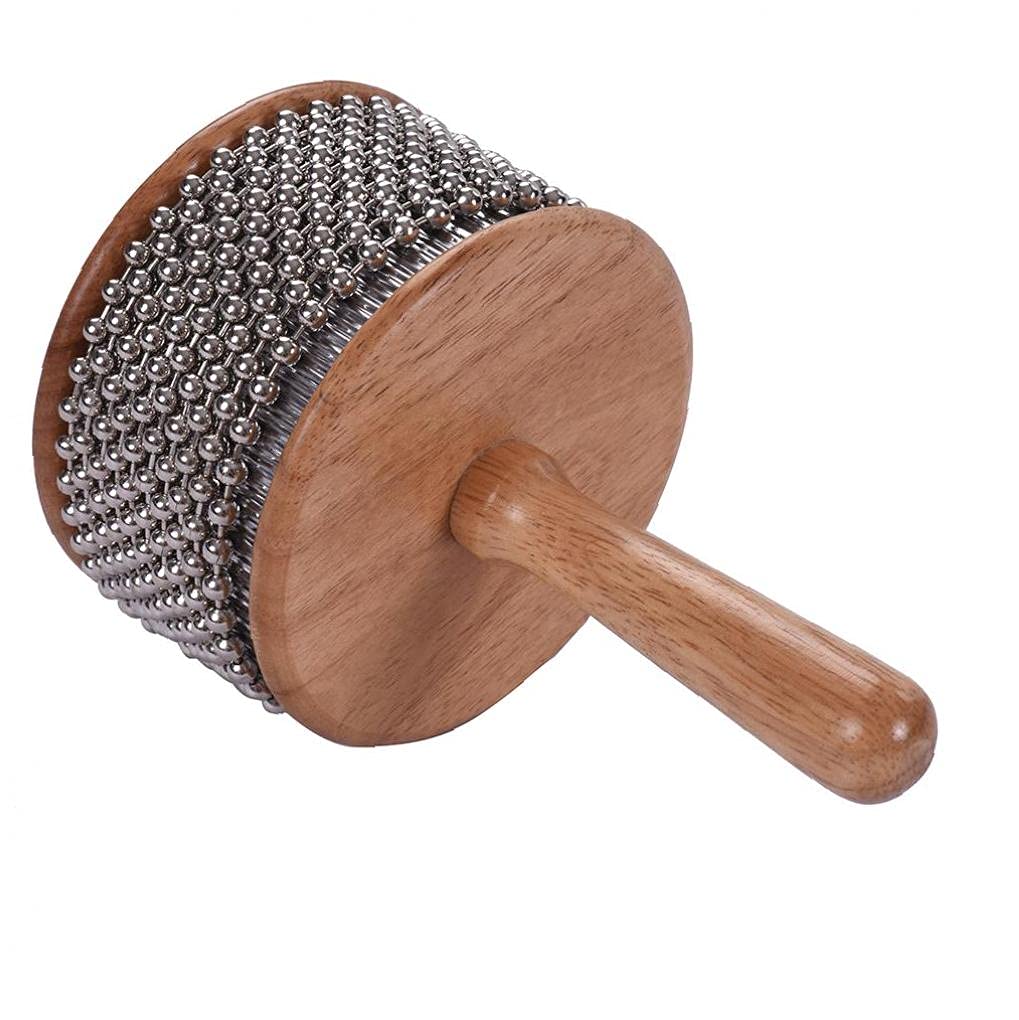 Froiny 1pc Wooden Cabasa Percussion Metal Beaded Chain & Cylinder Pop Hand Shaker Percussion Instrument