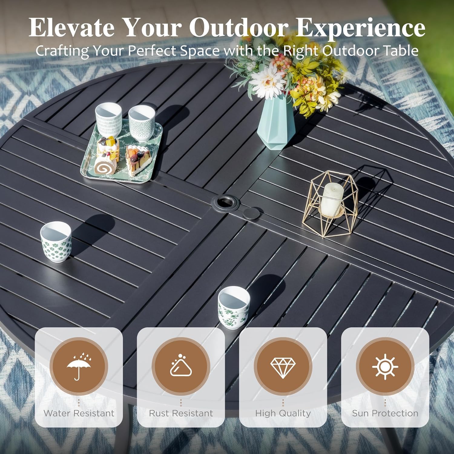 HERA'S HOUSE 5 Pieces Patio Dining Set, 4 x Woven Rattan Dining Chairs with Cushions, 42" Metal Round Dining Table, Outdoor Rattan Dining Table Set for Lawn Garden Backyard Deck