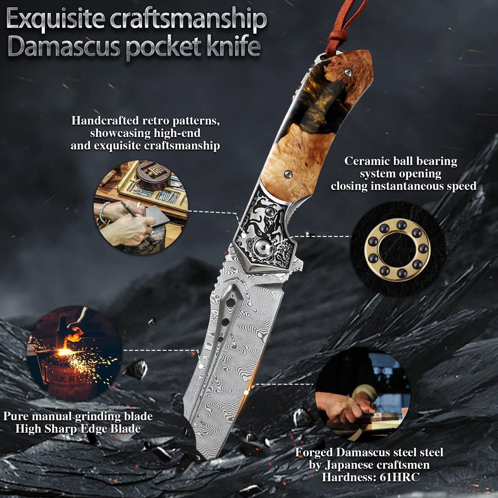 Minowe Japan Handmade Damascus steel steel Folding Pocket Knife,3.5 in High hardness blade,Frame Lock,With Leather Sheath,resin and Maple handle,Mountaineering go fishing hunting Adventure Knifee
