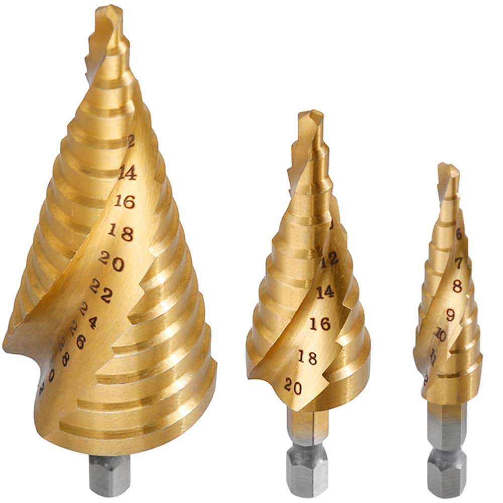 Hymnorq Metric Titanium Coated HSS Spiral Groove Step Drill Bit Set of 3pcs 4-12/4-20/4-32mm with 1/4" Hex Shank Packed in Reusable Case for Cutting Holes in Iron Plate Aluminum Plate, etc.