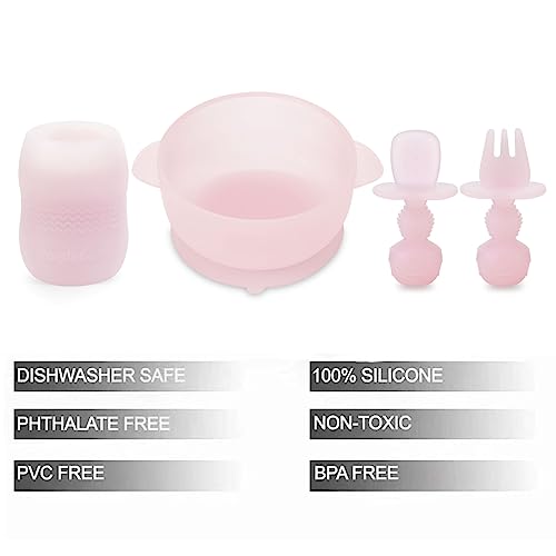 PandaEar Silicone Baby Utensils Set - Baby Bowl with Suction, Tiny Toddler Cup, and Self-Feeding Spoon Fork - Baby-Led Weaning Supplies for First Stage Infants (6 Months+)