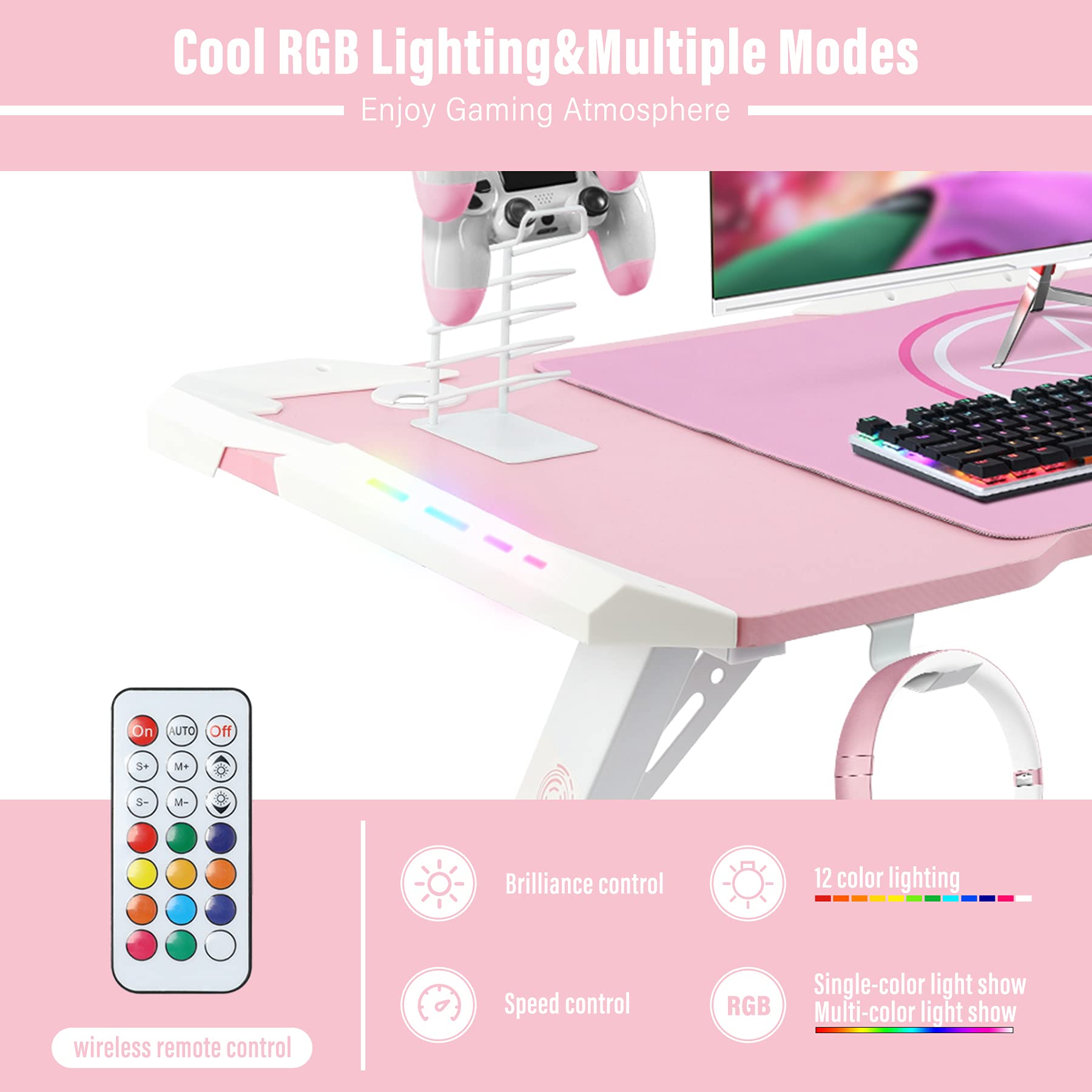 YOUTHUP Gaming Desk with LED Lights, 55 Inch Z Shaped Game Desk for PC Gamer, Ergonomic Racing Style Computer Table Workstation with Remote Control, Headphone Hook, Cup Holder, Handle Rack, Pink
