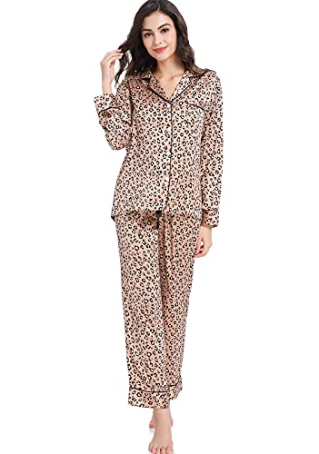 Serenedelicacy Women's Satin Pajama Set 2-Piece Sleepwear Loungewear Long Sleeve Button Down Silky PJ Set (Medium, Tan/Black/Ivory, Leopard)