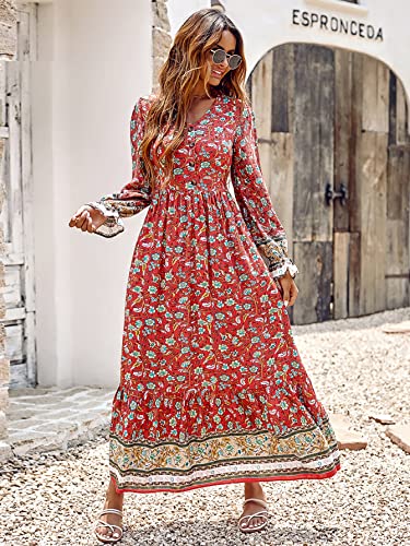 PRETTYGARDEN Women's Long Sleeve Floral Dress - V-Neck Casual Boho Fall Long Maxi Dresses for Wedding Guest (Red,Medium)