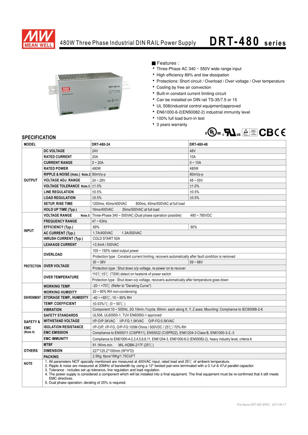 Mean Well DRT-480-24 Power Supply, DIN-Rail, 24 Volt, 20 Amp, 480 Watt, 8.9" x 4.9" x 3.9" Size