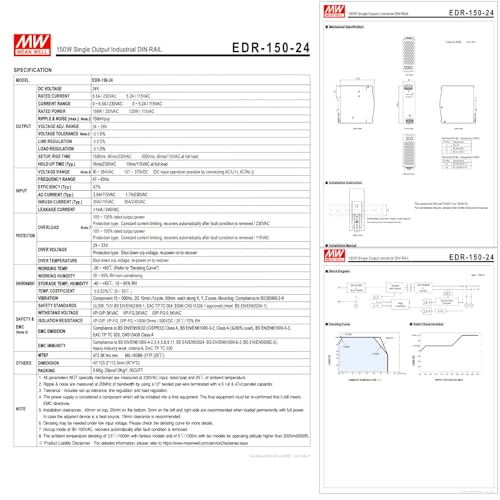 Mean Well EDR-150-24 24V 6.5A 156W/125W Industrial DIN Rail Power Supply - Rugged, Reliable Performance, Wide 90-264VAC Input, Extended -20°C~+60°C Operating Temperature Range