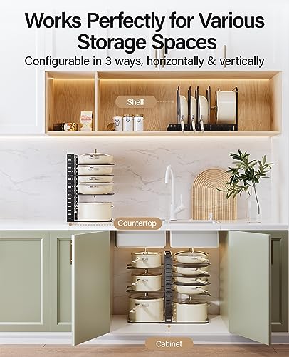 Pantasia Pots and Pans Organizer - [Truly Balanced, 8-Tier Adjustable] Pots and Pans Rack Organizer for Cabinet, Frying pan, Bakeware, Lid, Dishes, Kitchen Organizers and Storage