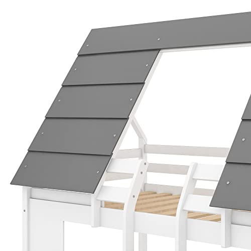 MERITLINE House Bed Bunk Beds Twin Over Twin Wood Bunk Beds with Roof for Kids Girls Boys, White
