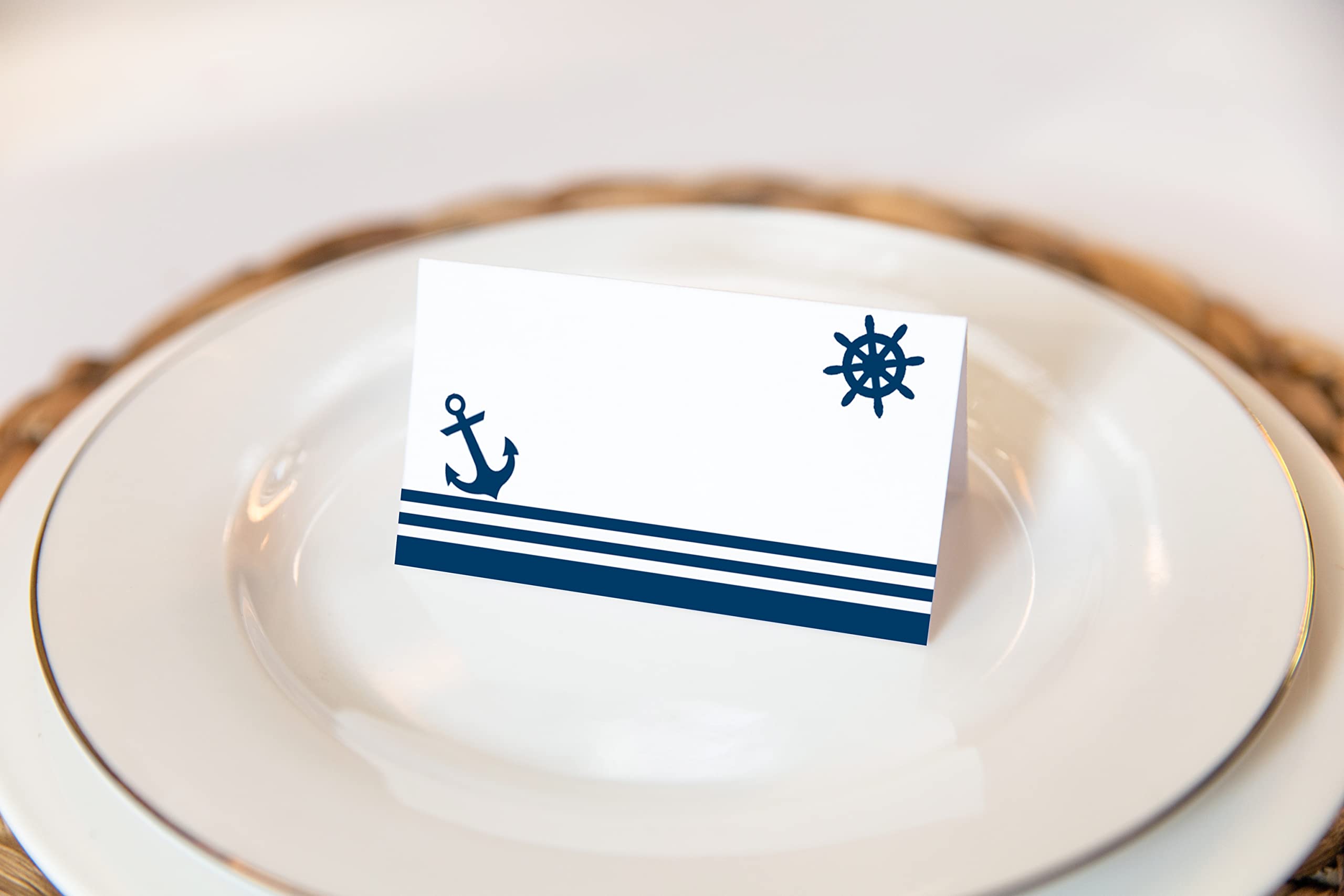 Nautical Place Cards - 25 Pack - Nautical Food Cards. Blue Anchor and Captain’s Wheel over Stripes Design, for Dinner Parties, Banquets, Cocktail Parties, Buffet. 2” x 3.5”. Scored for Folding.