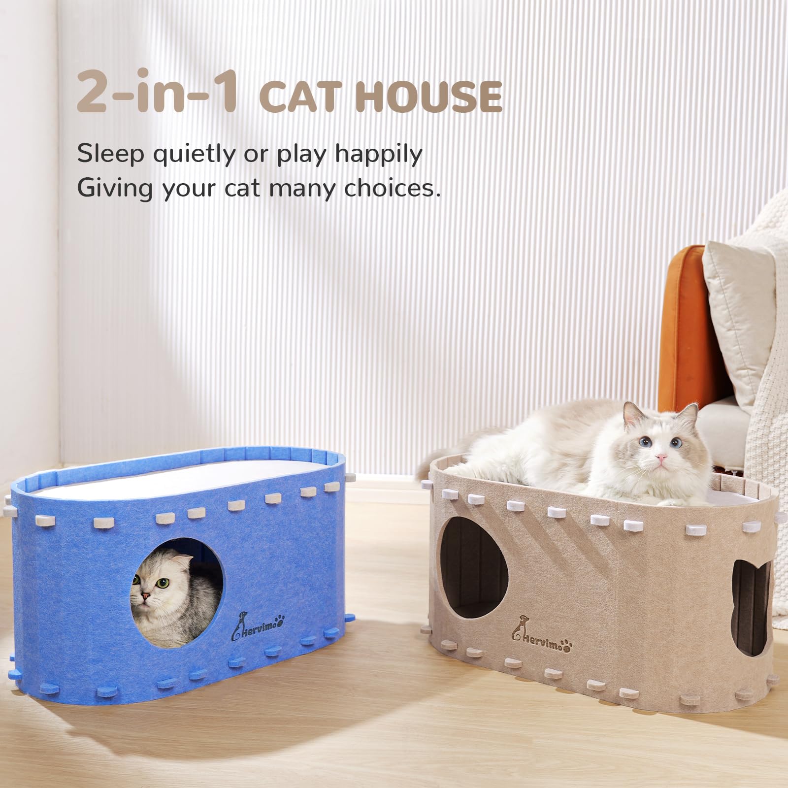 Hervimo Cat Beds for Indoor Cats, 2 in 1 Large Cat House, Foldable Cat Tunnel Enclosed Bed, Scratch Resistant Cat Bed Cave for Large Cats Up to 25lbs & Multiple Small Cats, Dark Camel
