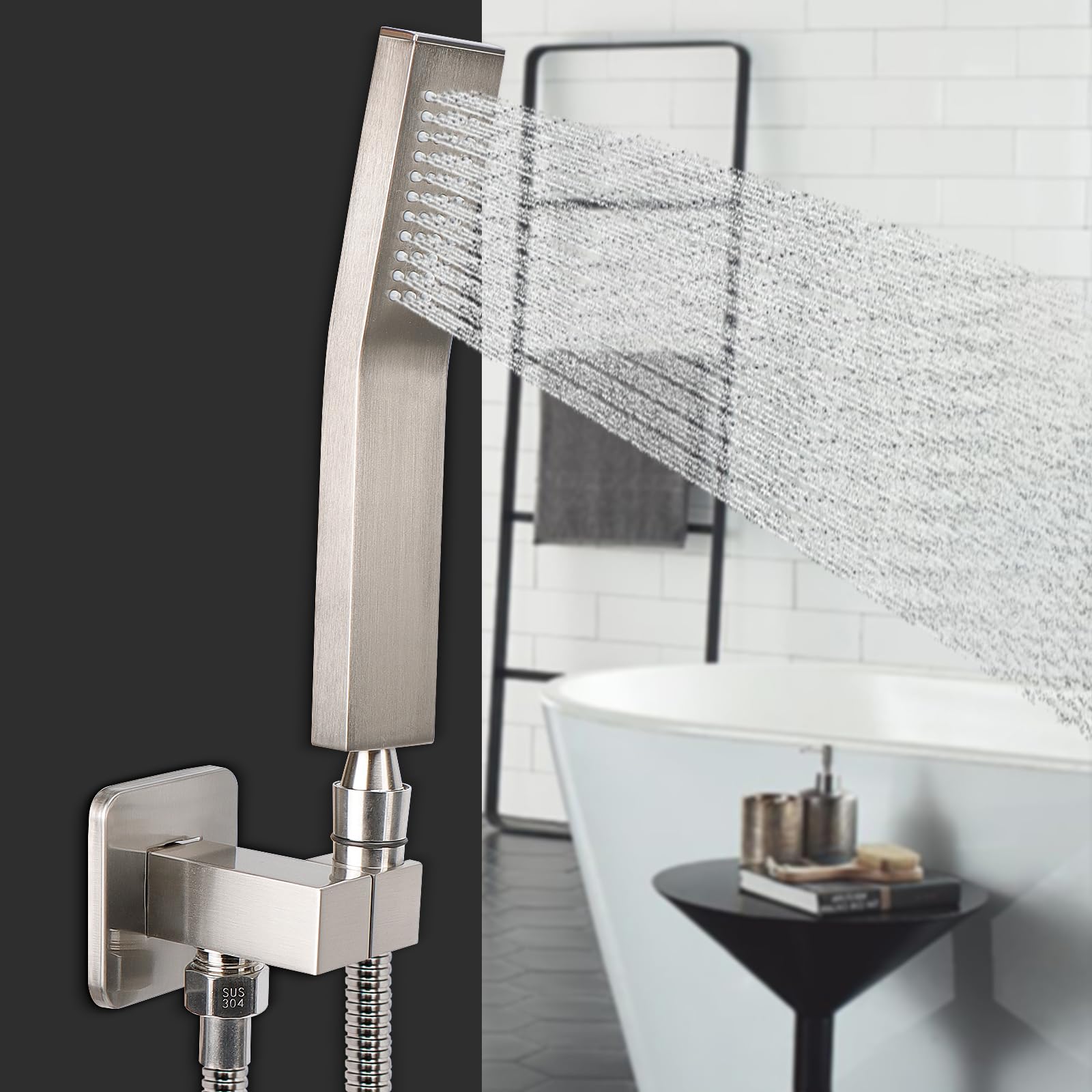 NearMoon Brass Hand Held Shower Head, Luxury High Pressure Showerhead Kit with Wall Connector and Hose Set, for Bathroom Showering System Contemporary Square Style (Brushed Nickel)
