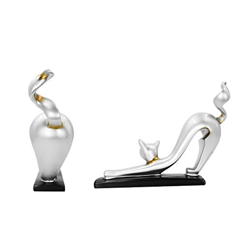 DreamsEden Art Stretching Cat Figurine, Modern Home Decor for Cat Lovers, 7.5” L x 6.4” W x 1.7” H (Sliver)