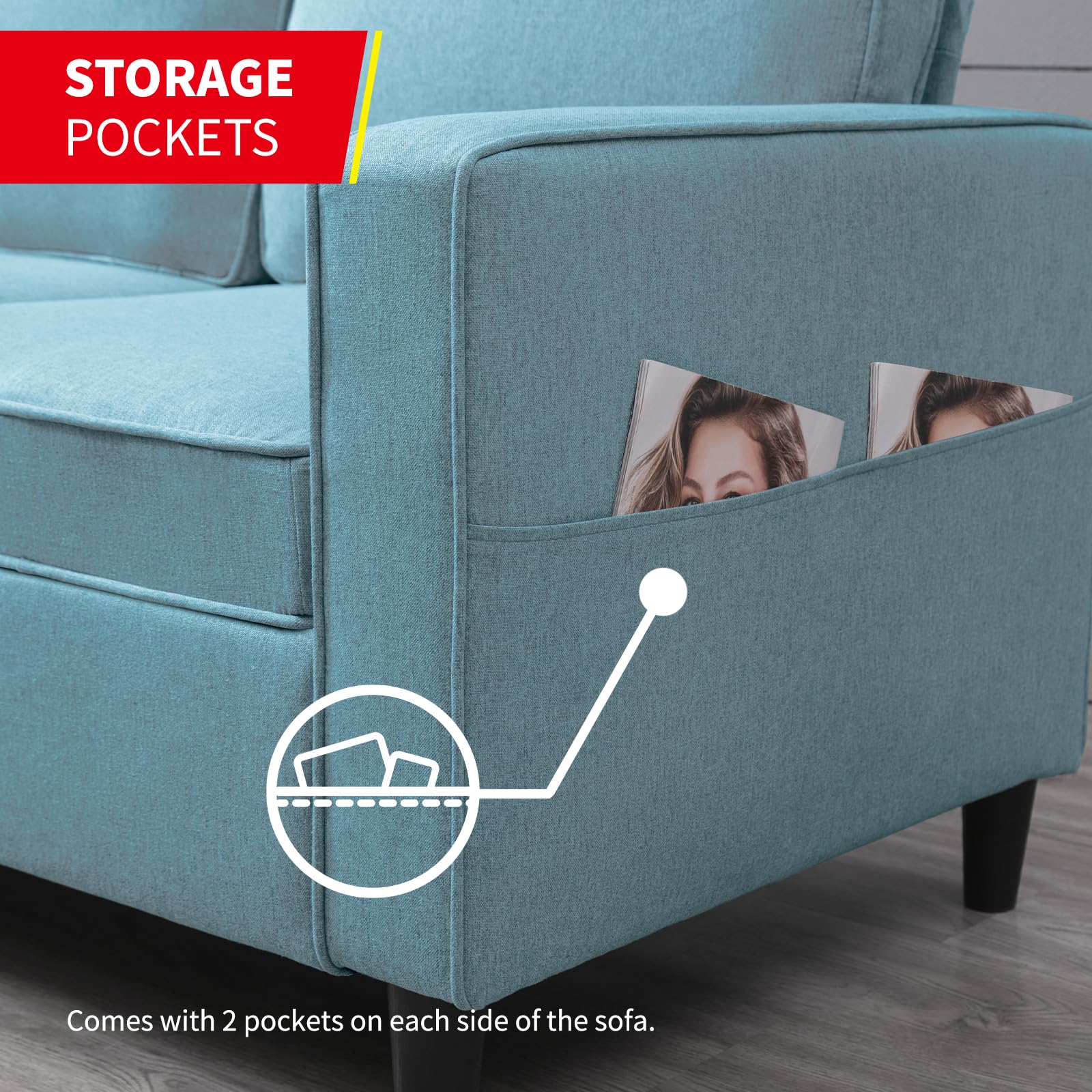 PUREMIND 78 Inches Convertible Sectional Sofa, Linen L-Shaped Sofa Couch with Reversible Storage Ottoman, Wooden Legs, 3-Seat Sectional Couches for Small Space, Apartment, Office (Blue)…