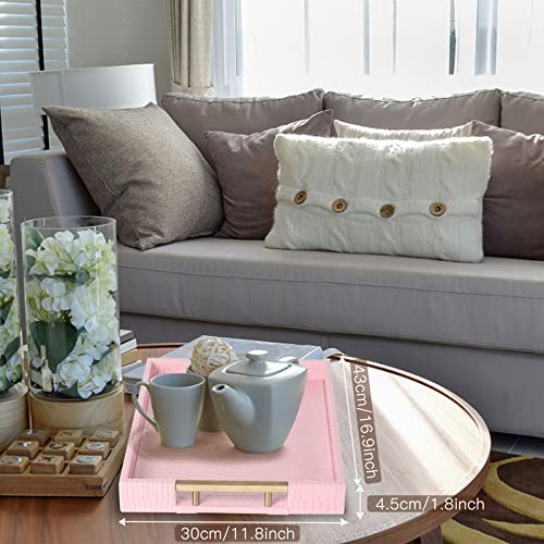 Serving Tray with Handles, 17.1βx11.8β PU Leather Ottoman Tray, Rectangle Coffee Table Tray, Modern Elegant Decorative Tray for Breakfast Tea Food Drinks Jewelry Living Room Kitchen Vanity,Pink