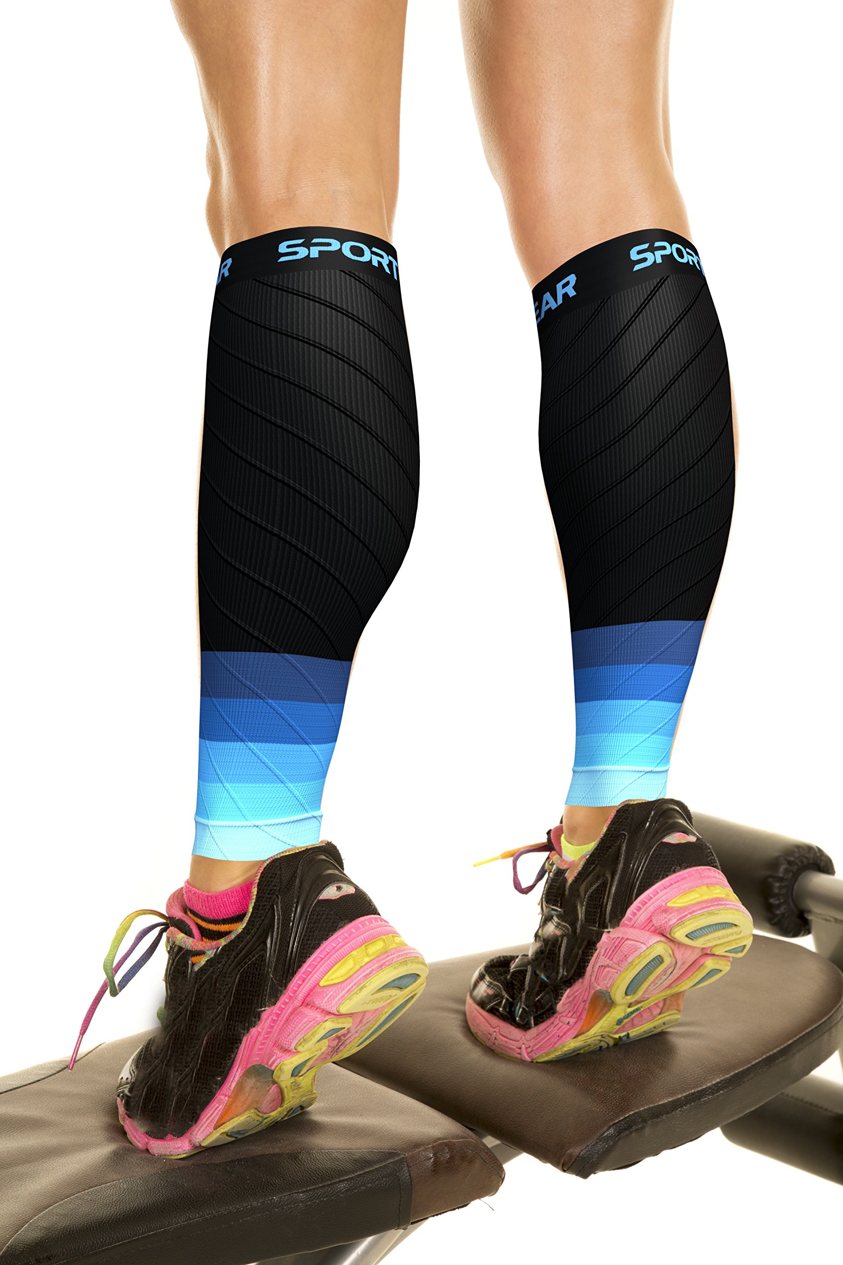Compression Calf Sleeves Men & Women - Shin Splint Compression Sleeve 20-30mmhg, Best Footless Compression Socks for Calf Pain, Running, Nurses, Pregnancy, Post-Surgery Relief (1 Pair BLK-BLU L/XL)
