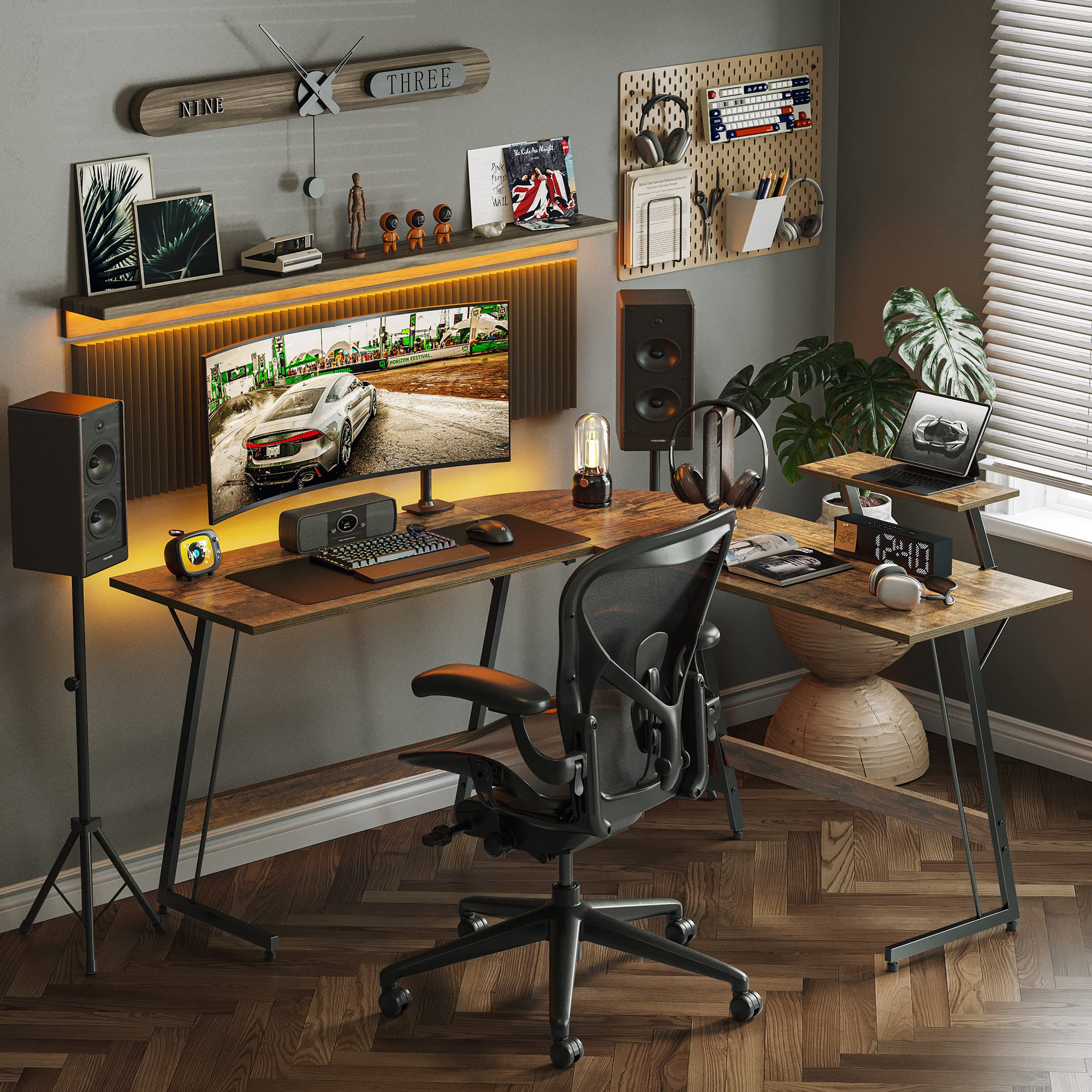 Cubiker L Shaped Desk, Computer Corner Desk, Gaming Desk with Monitor Stand, Home Office Study Writing Workstation, Space-Saving, Walnut