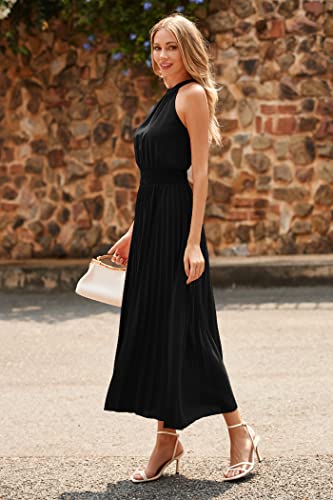 PRETTYGARDEN Women's Long Sun Dresses 2023 Sleeveless Halter Neck Flowy Pleated Maxi Cocktail Dress (Black,Large)