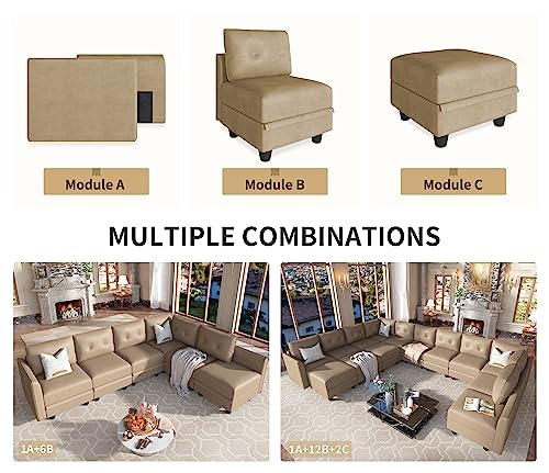 LLappuil Oversized Modular Sectional Sofa with Storage, Faux Leather Fabric U Shaped Sectional with Chaise, 12 Seater Modular Sleeper Couch for Living Room, Cognac
