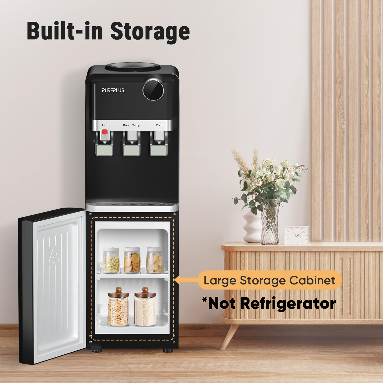 PUREPLUS Top Loading Water Cooler Dispenser, Water Cooler for 3 or 5 Gallon Bottles, Hot & Cold Water, 3 Temperature Settings with Child Safety Lock, Removable Drip Tray for Home, Office, & More