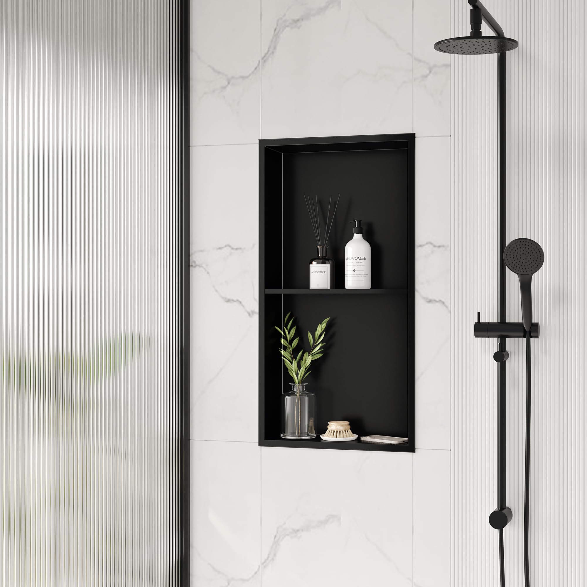 Neodrain No Tile Shower Niche, Stainless Steel Wall Niche 13.1"X25.1"(Inner Size 12"X24"), Two-Tier Bathroom Shelf, NO Tile Needed Recessed Niche Shower for Bathroom Storage, Matte Black