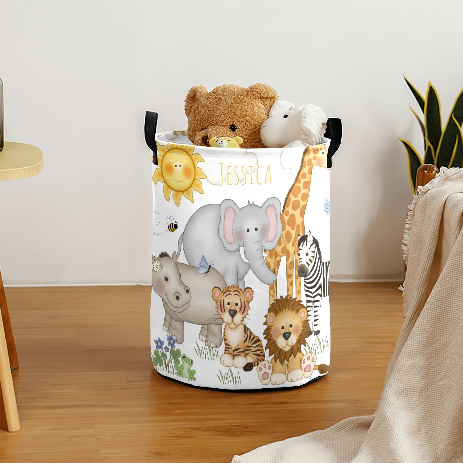 Cute Animals Elephant Tiger Lion Zebra Giraffe Hippopotamus Personalized Foldable Freestanding Laundry Basket Clothes, Custom Collapsible Storage Bin for Toys Bathroom Laundry