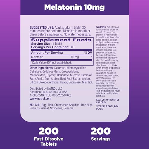 Natrol Melatonin Fast Dissolve Tablets, Help You Fall Asleep Faster, Stay Asleep Longer, Easy to Take, Dissolve in Mouth, Strengthen Immune System, Maximum Strength, Strawberry Flavor, 10mg, 200 Count